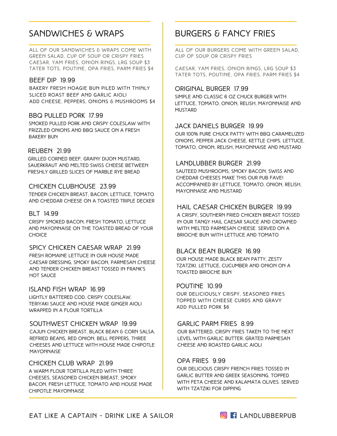 Menu | Landlubber Pub